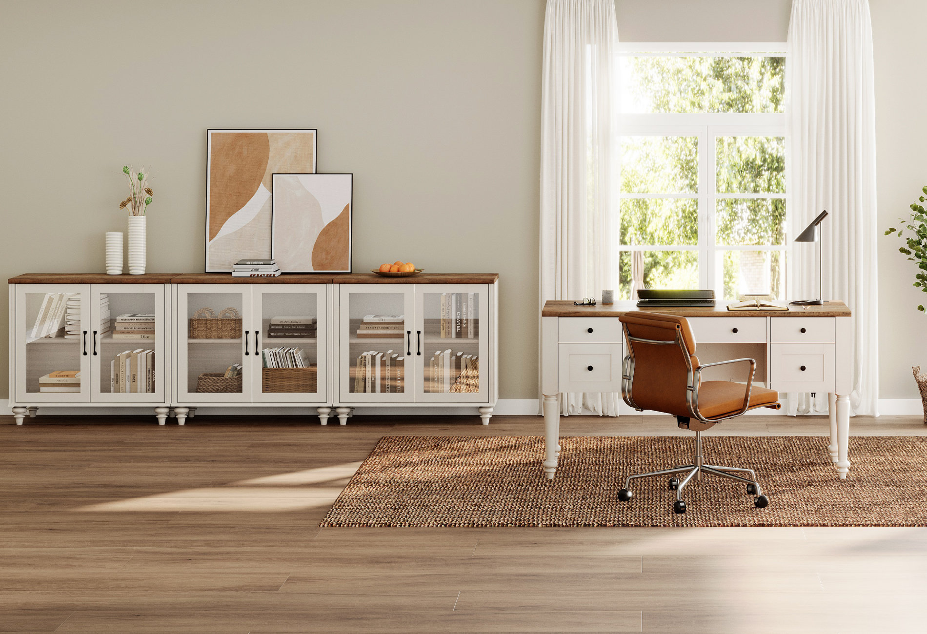 Alcott Hill® 2 - Piece Office Set, 56" Executive Desk & Set Of 3 Cabinets With Glass Door ...